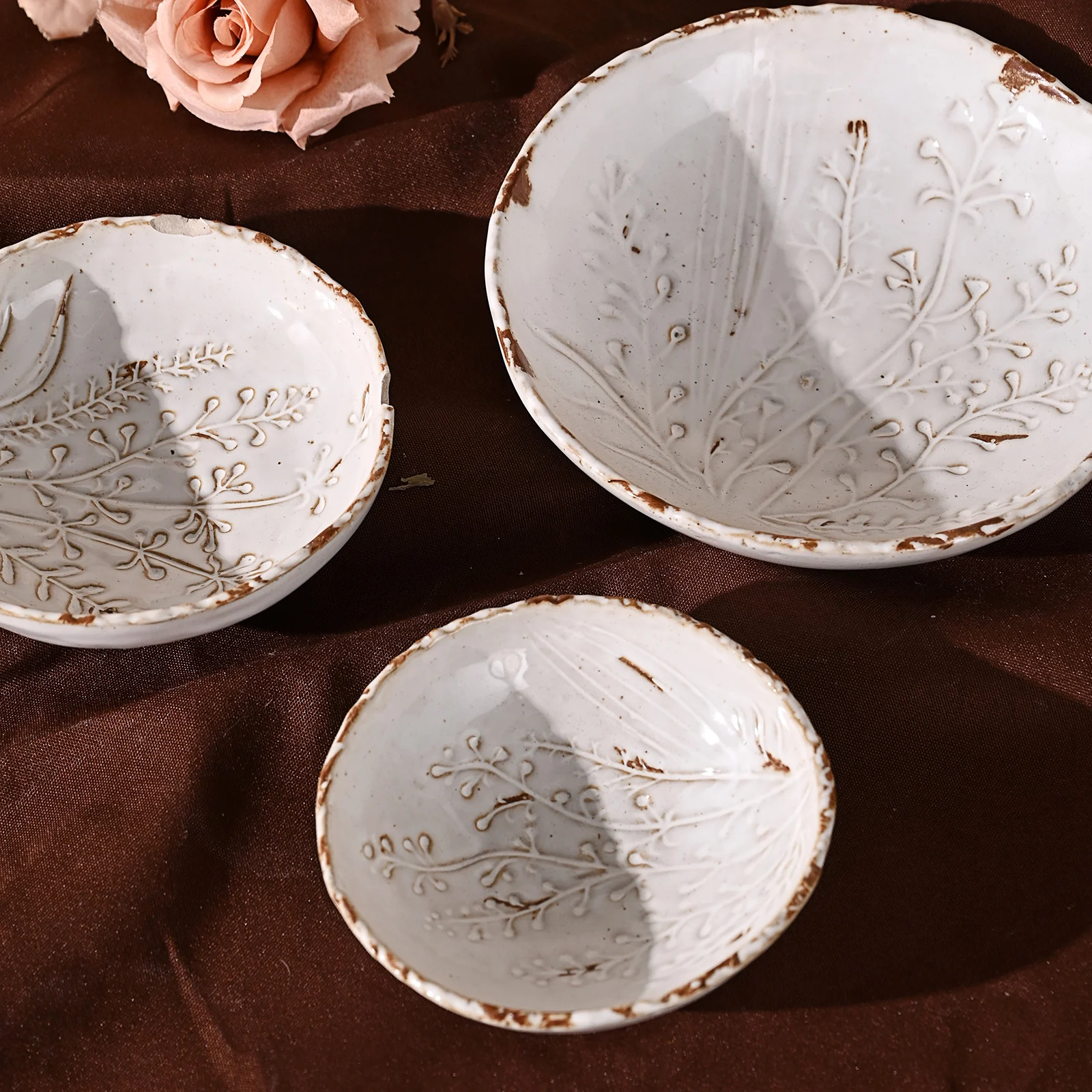 3 Sizes Different Round Bowls Set Debossed Plants Flower Pattern Carve ...