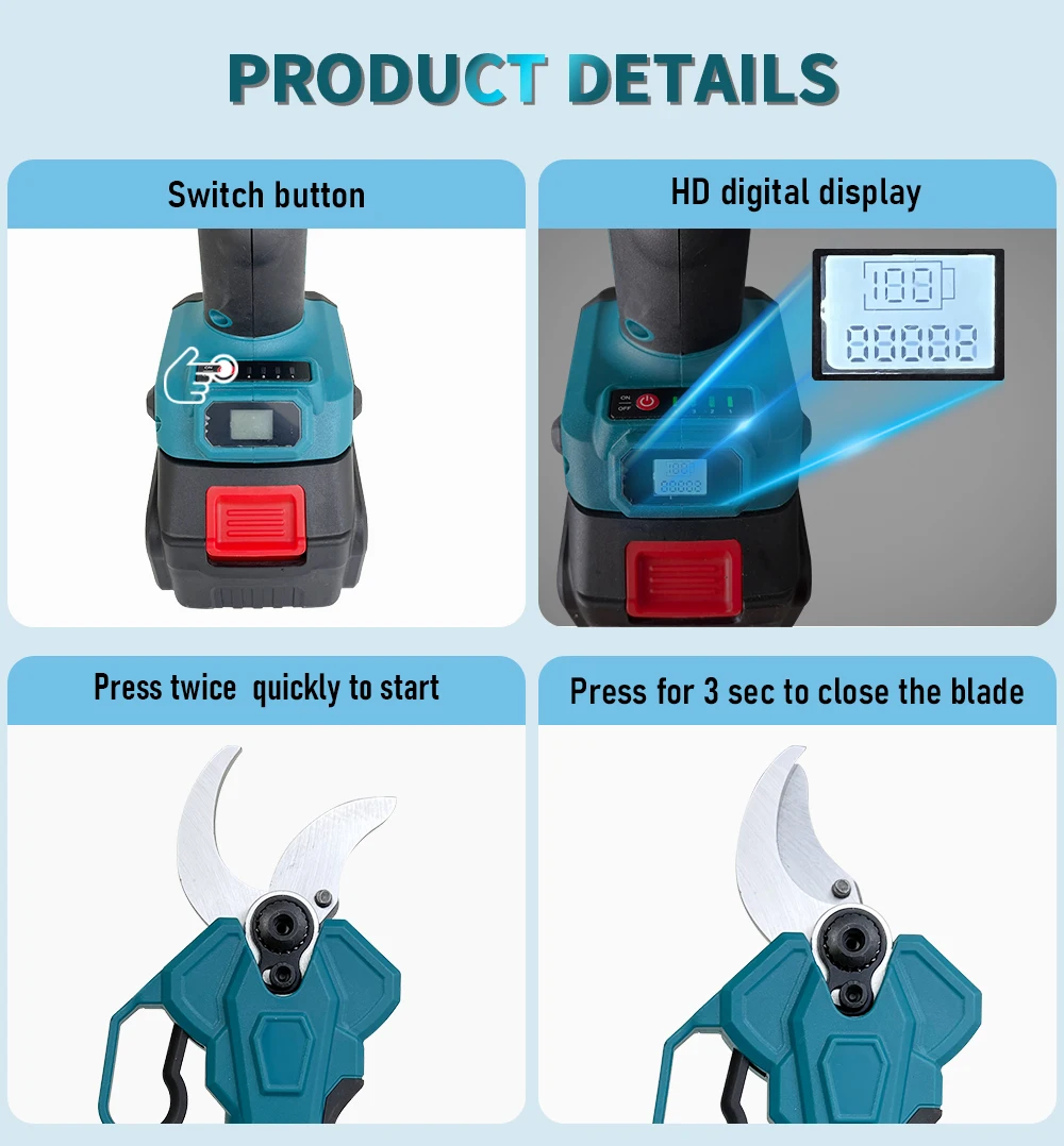 30mm 40mm 21v Brushless Electric Lithium Pruner Shear Scissor With Long ...