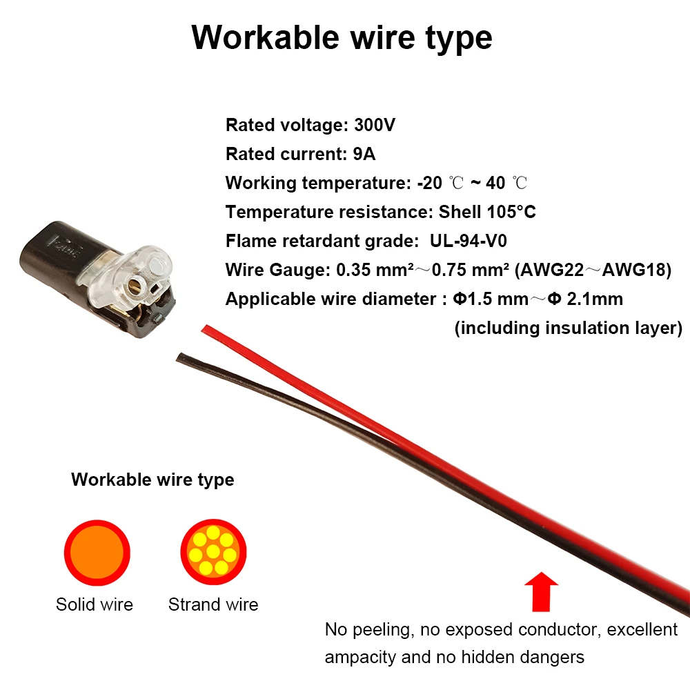 2 Pin 2 Way Universal Compact Wire Terminals - No Wire-Stripping Required