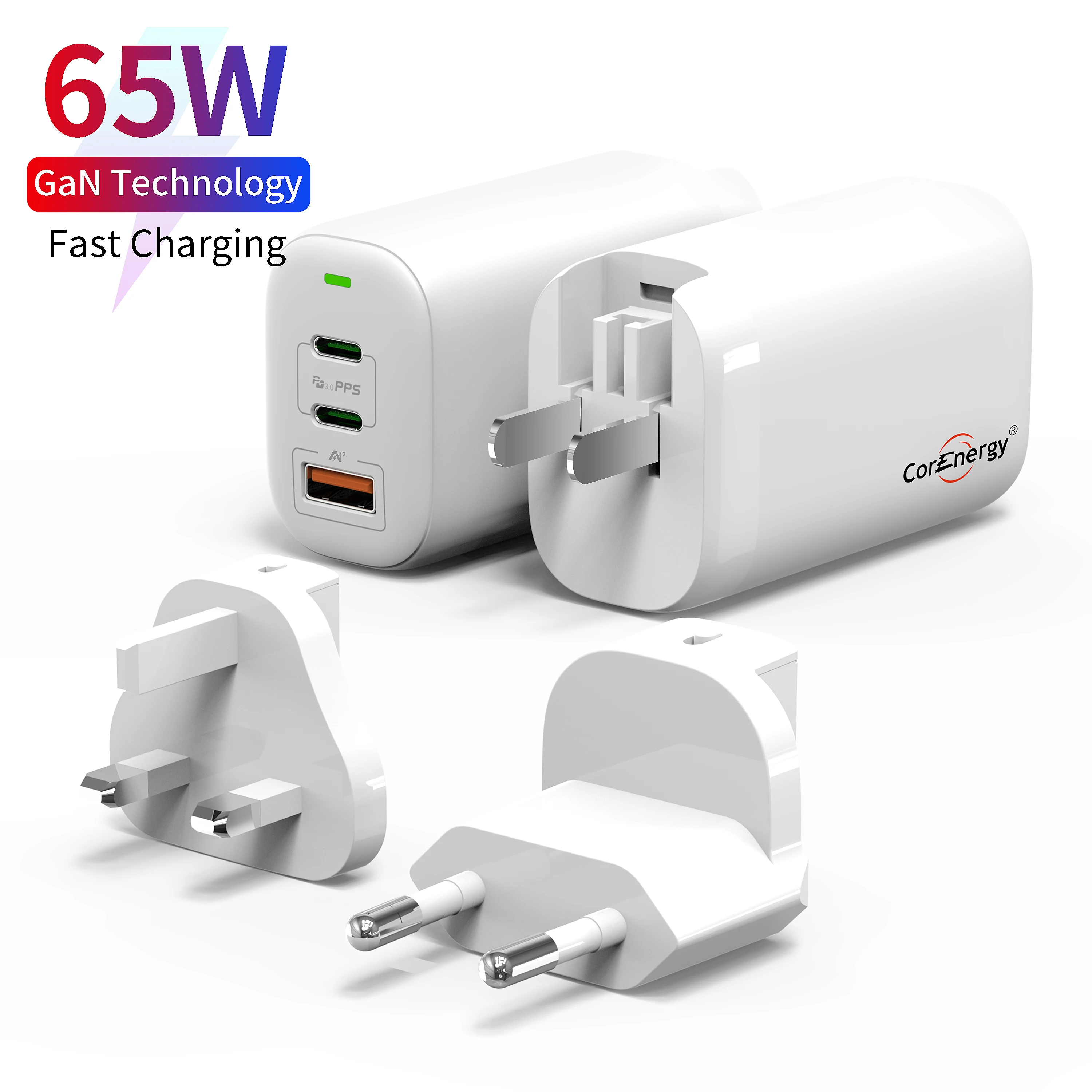 Gan Technology 65w Mini Wall Usb Charger 3 Ports Pd 3.0 Fast Charging 65w Gan Charger For Smart ...