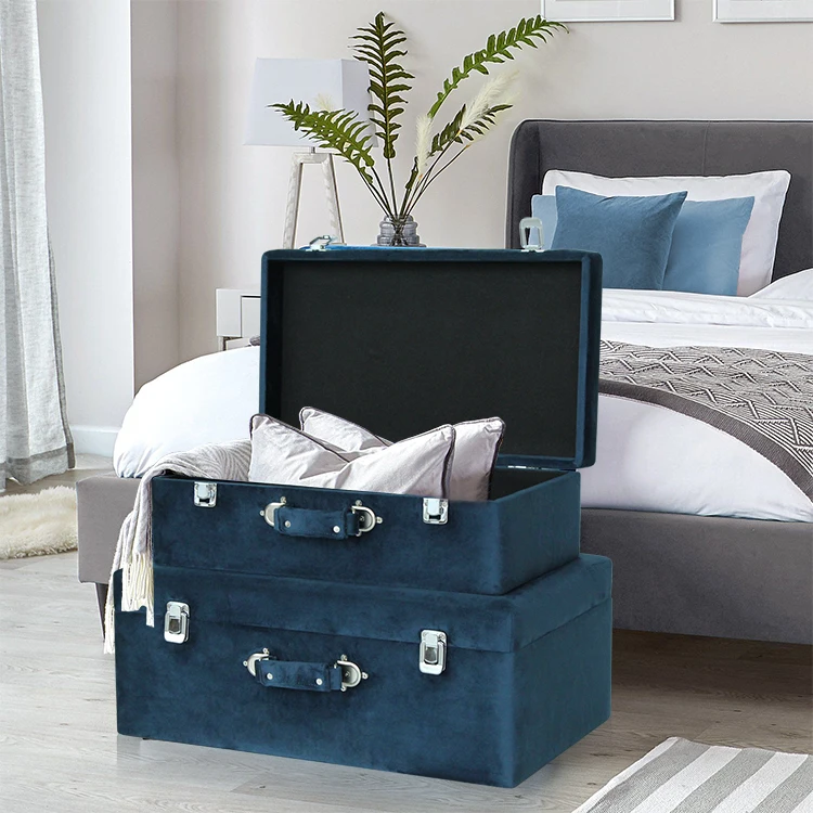 Blue Luxury Vintage Velvet Wooden Trunk Set Of 2 With Handles - Buy ...