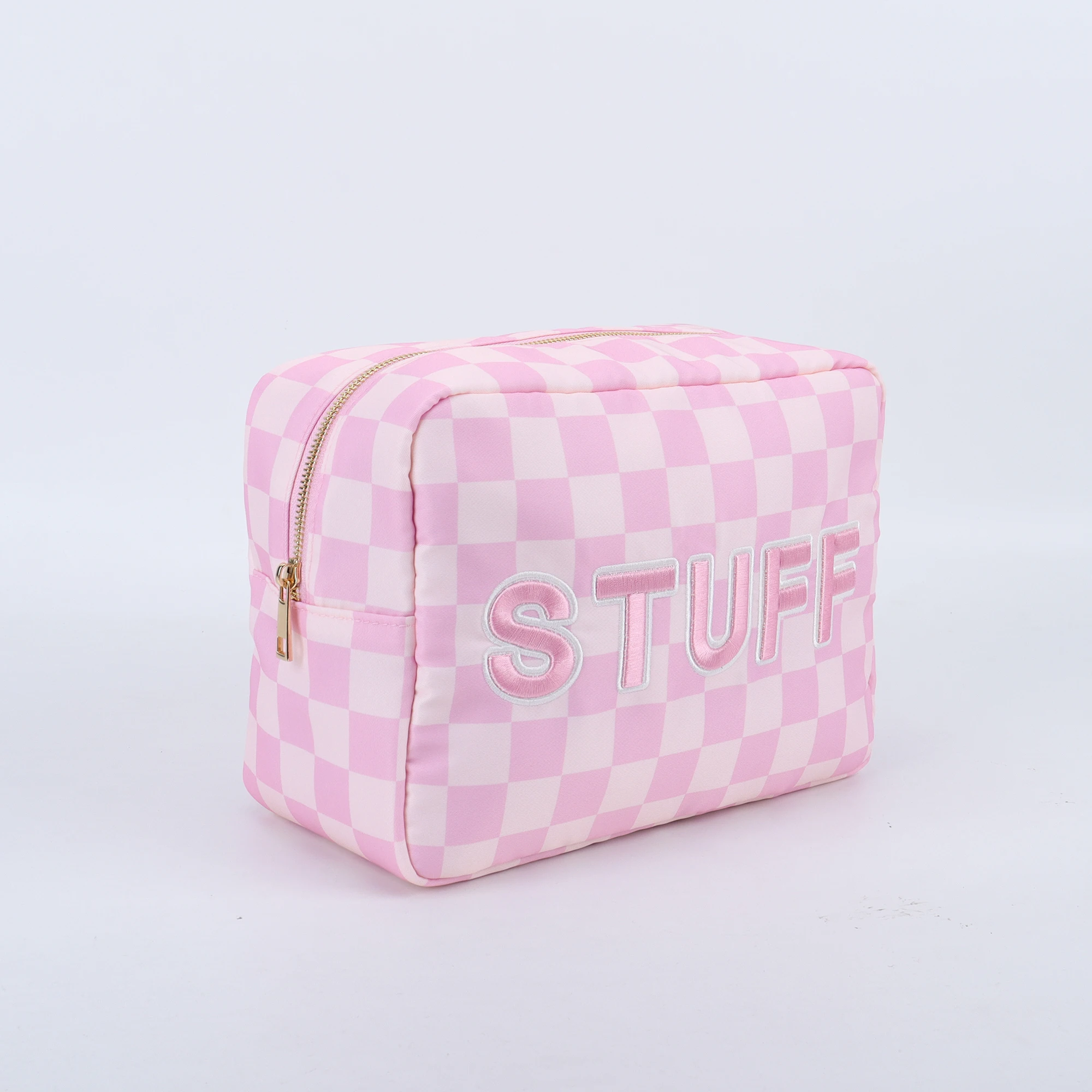 Keymay Stock No MOQ Pink Checkered STUFF Embroidery Large Cosmetic Bags ...