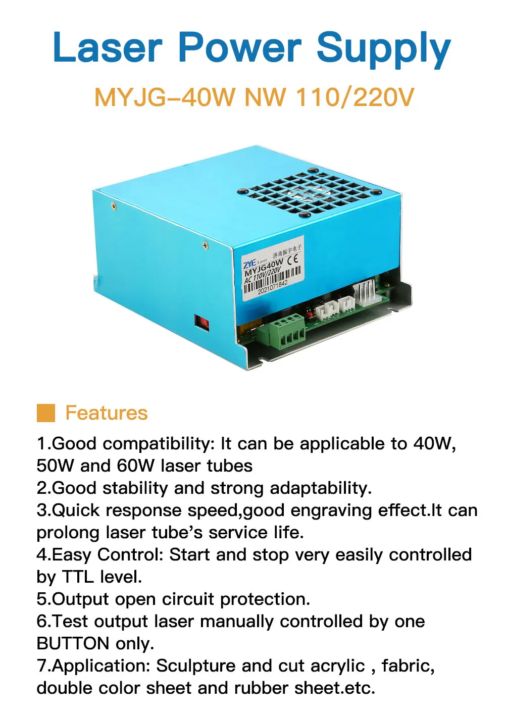 40w High Voltage Laser Power Supply For Laser Cutting Engraving Machine ...
