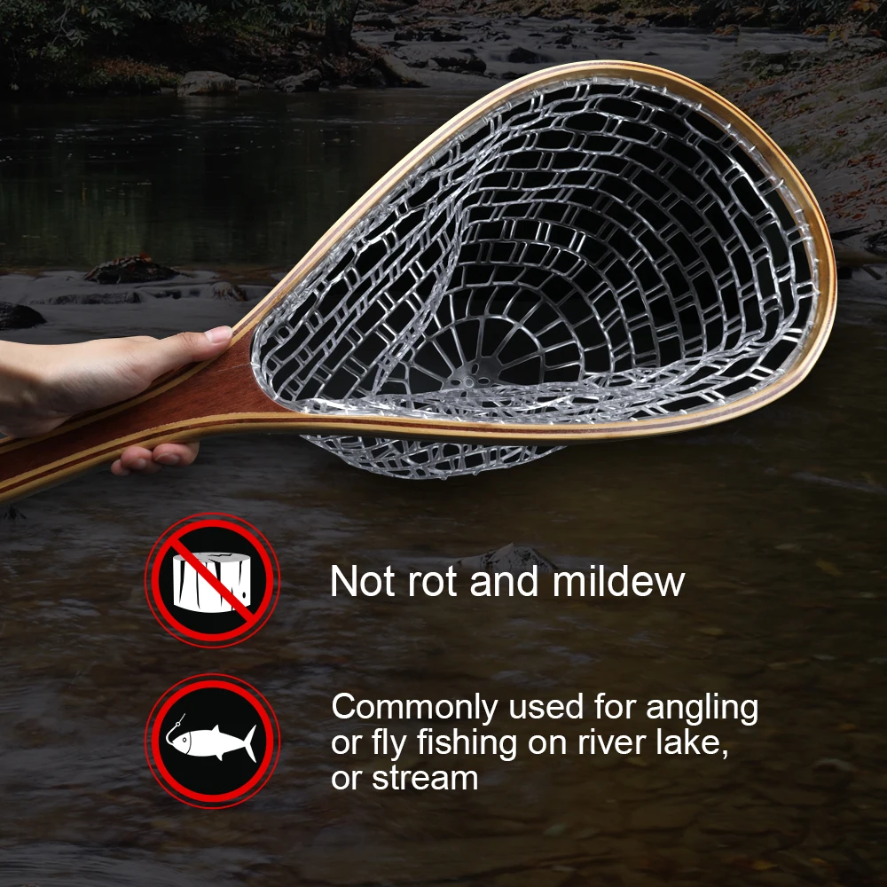 HONOREAL Comfortable Wooden Deepend Net Handle Clear Soft Rubber Mesh ...