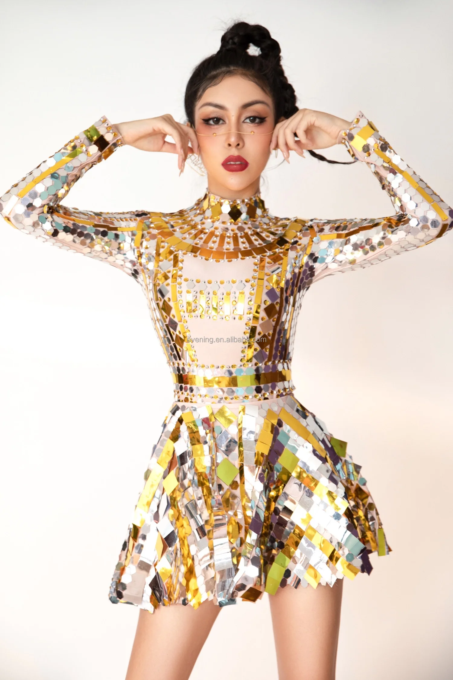 Sexy Gold Bling Glitter Sequins Bodysuit For Prom Performance