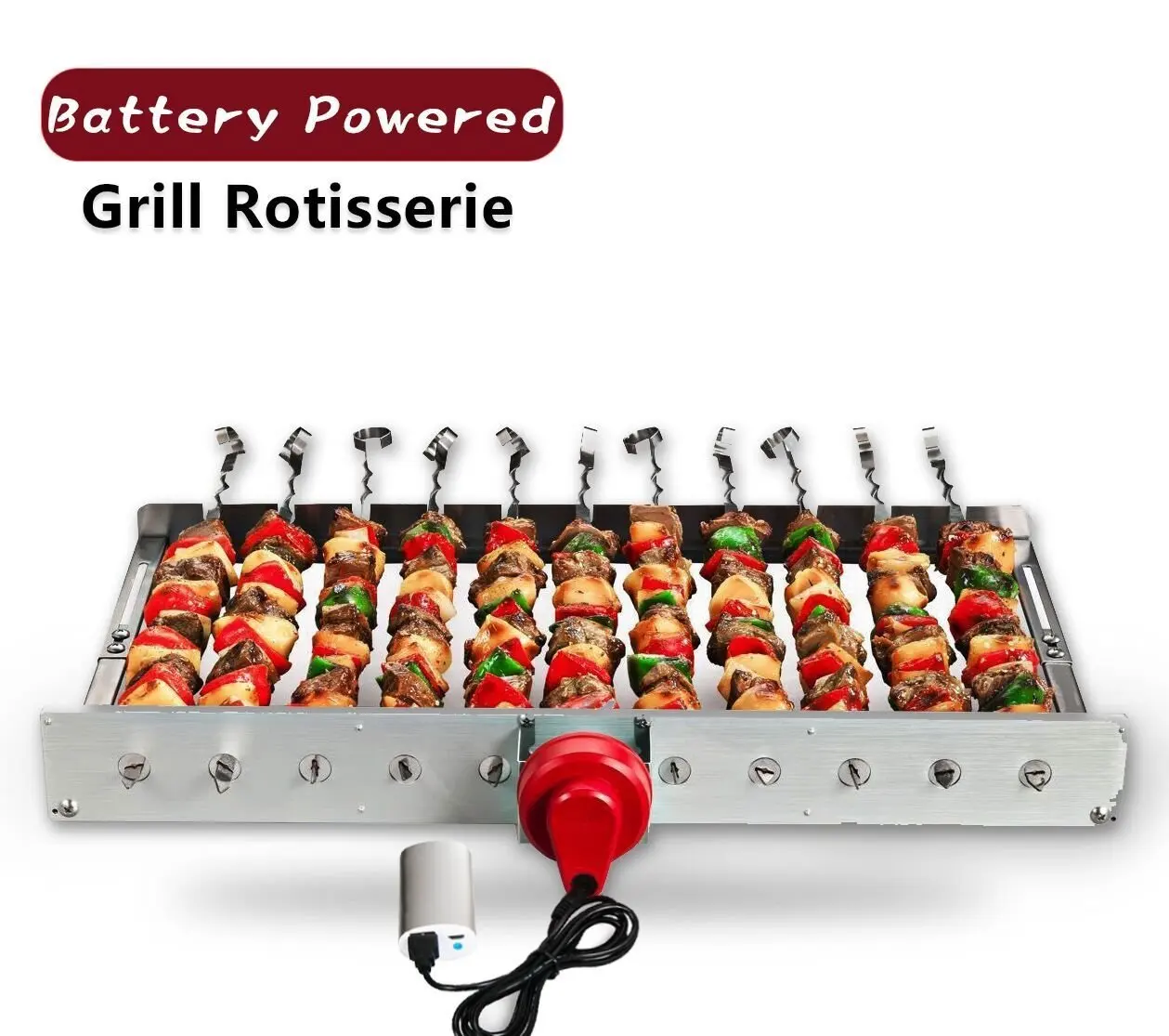 Battery Powered Grill Rotisserie - 11 Skewers & Flame Safety
