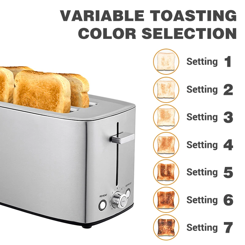 4 Slice S/s Toaster Long Slot Stainless Steel Metal 1-6 Level Browning ...
