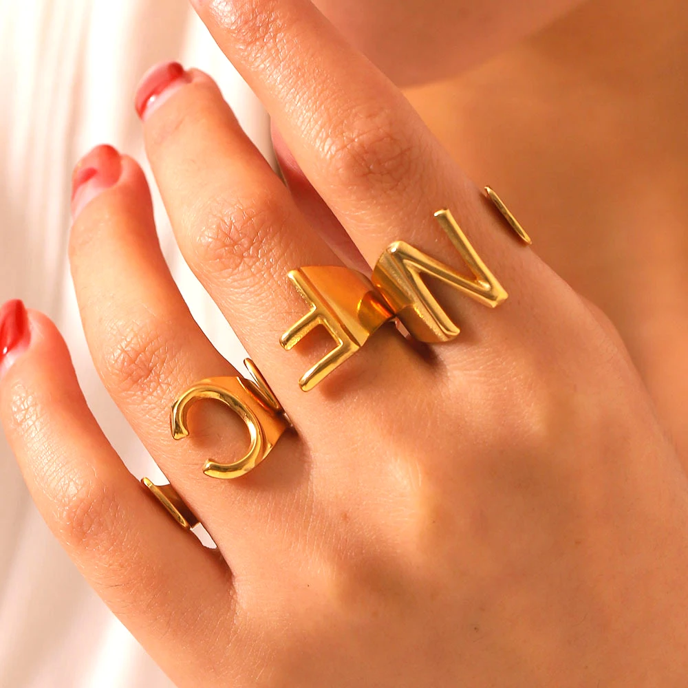 Statement Stainless Steel 18k Gold Hollow 26 Letter Open Finger Ring ...