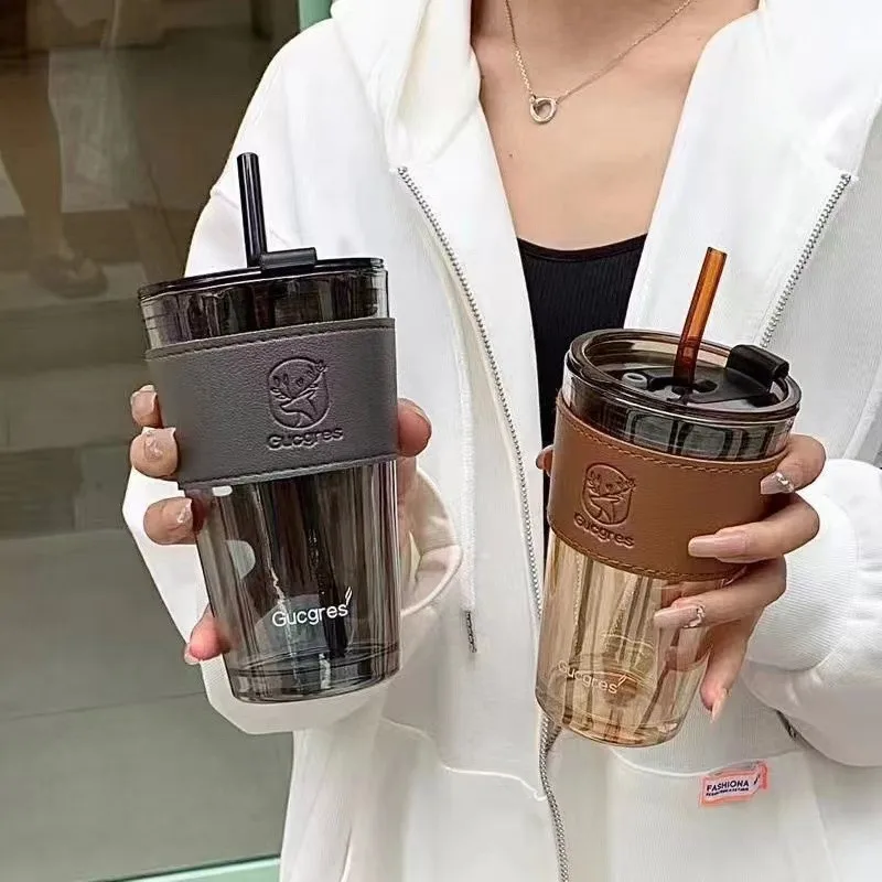 Ins Custom Logo Leather Straw Tumbler 450ml High Quality Glass Tumbler Mug For Student Girl ...