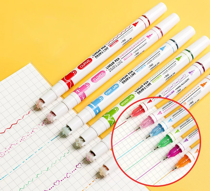 Dual Tip 6 Pcs Highlighter Pens - Different Curve Shapes