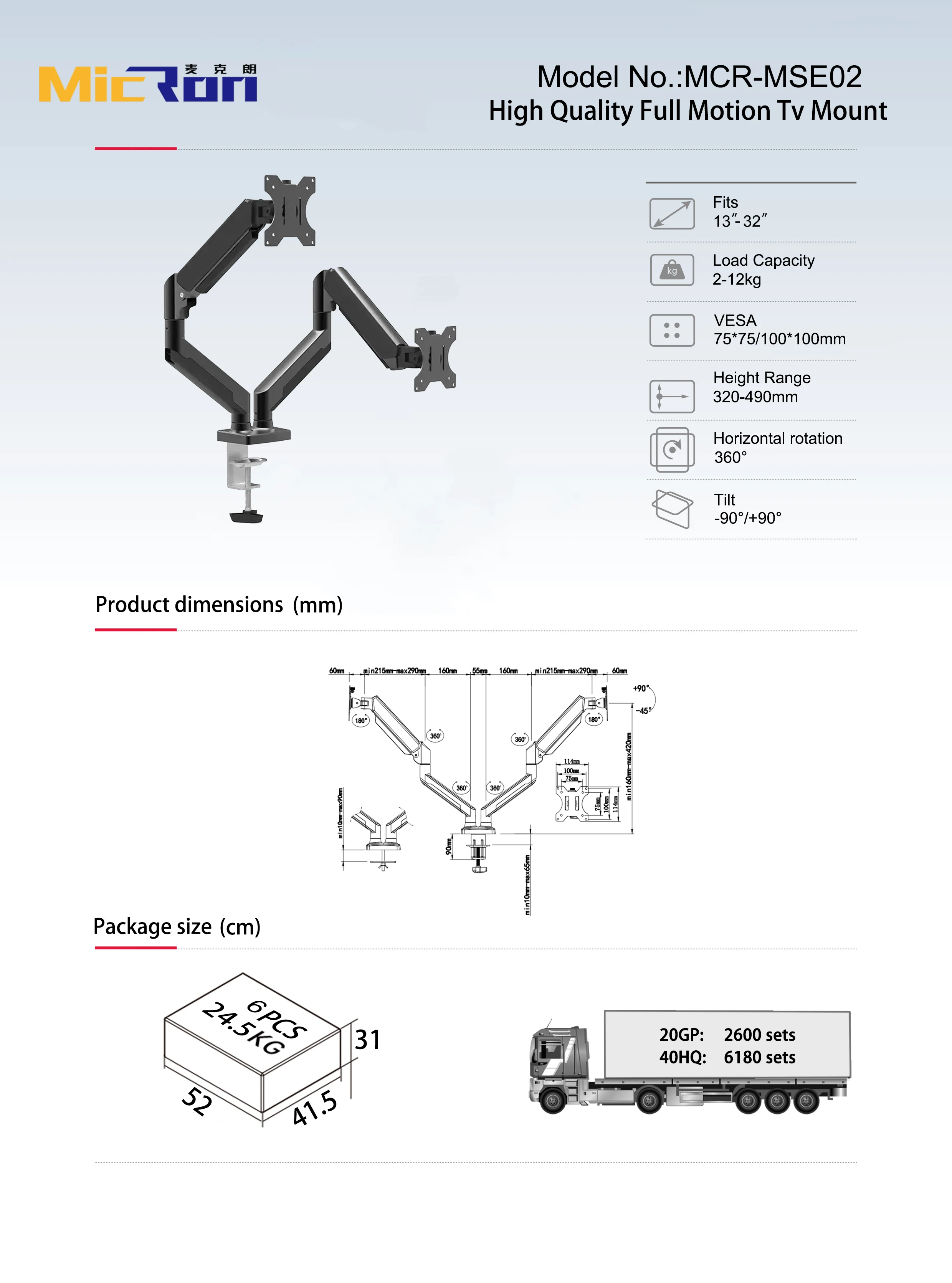 2 Monitor Stand Gas Powered Can Load 2-12kg Screen 100*100mm Dual ...