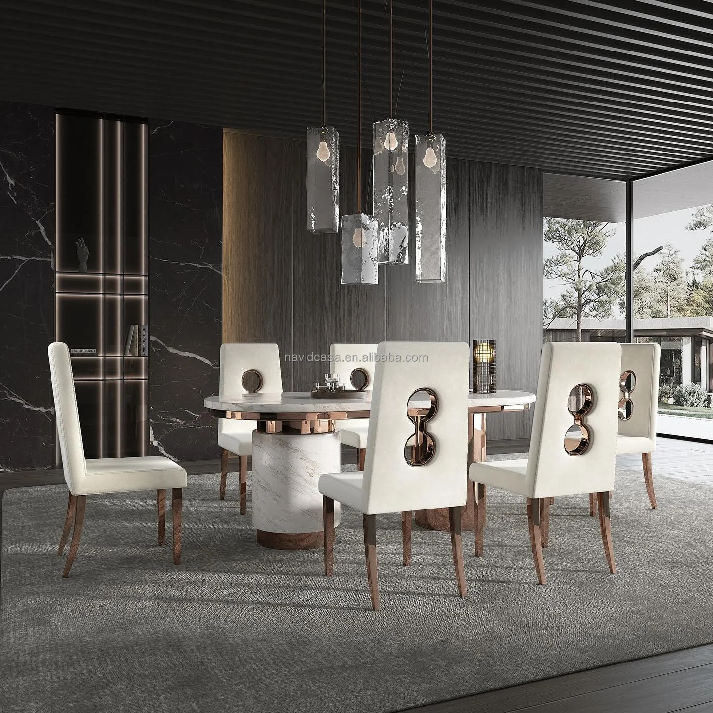 Modern Rose Gold Dining Table Set - 8 Seater Dining Room Set - Oem