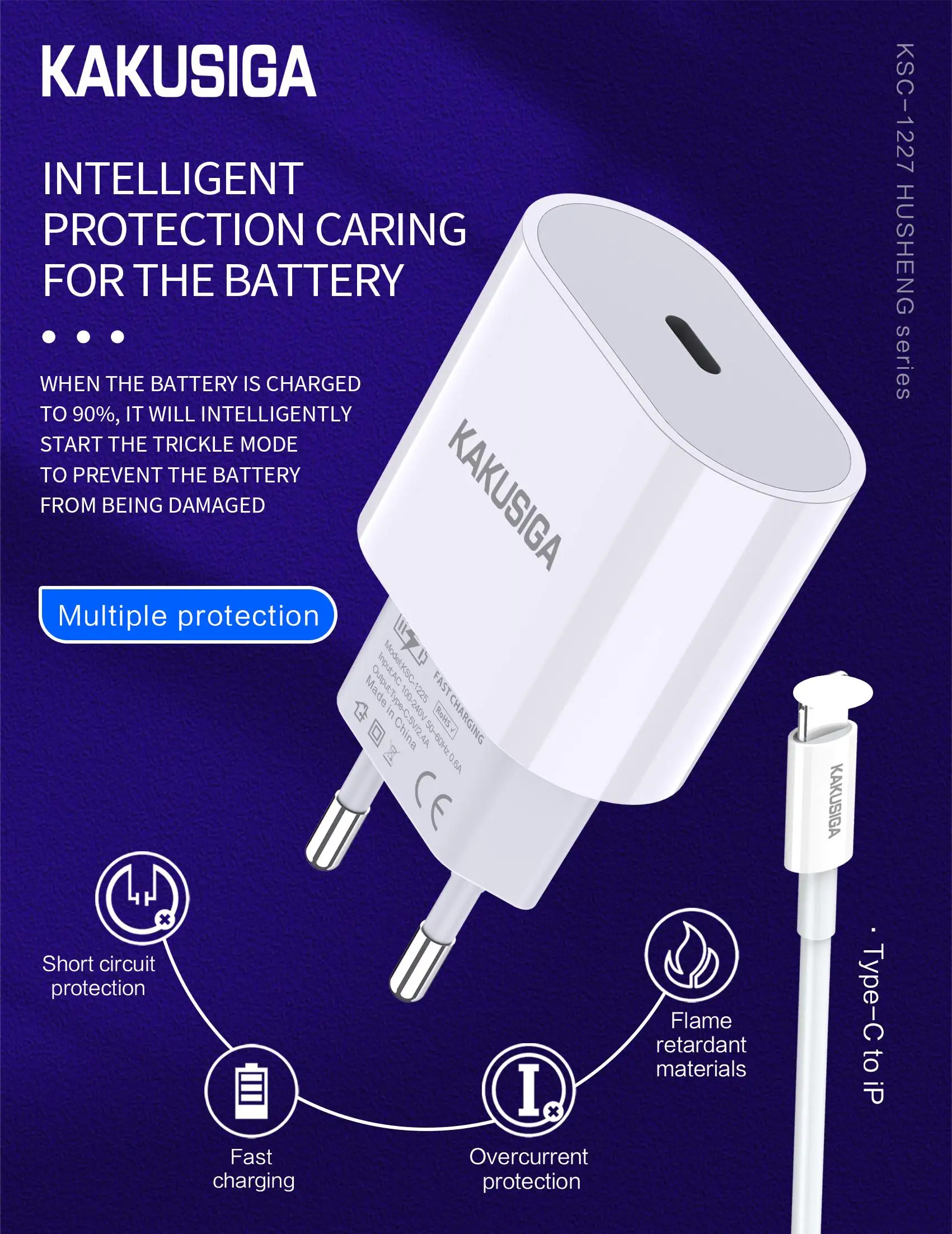 Kakusiga 2.4a Usb-c Power Adapter Set Eu Standard Type-c To Ip Data ...