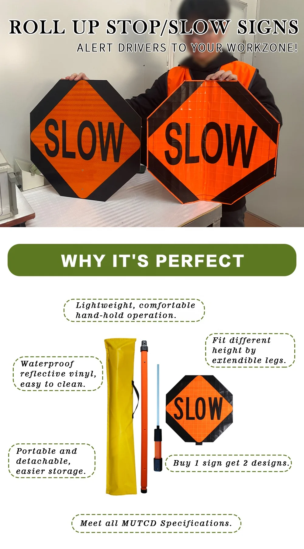 Flexible Road Stop Roll up Traffic Signs Stop / Slow Roll-Up Paddle ...