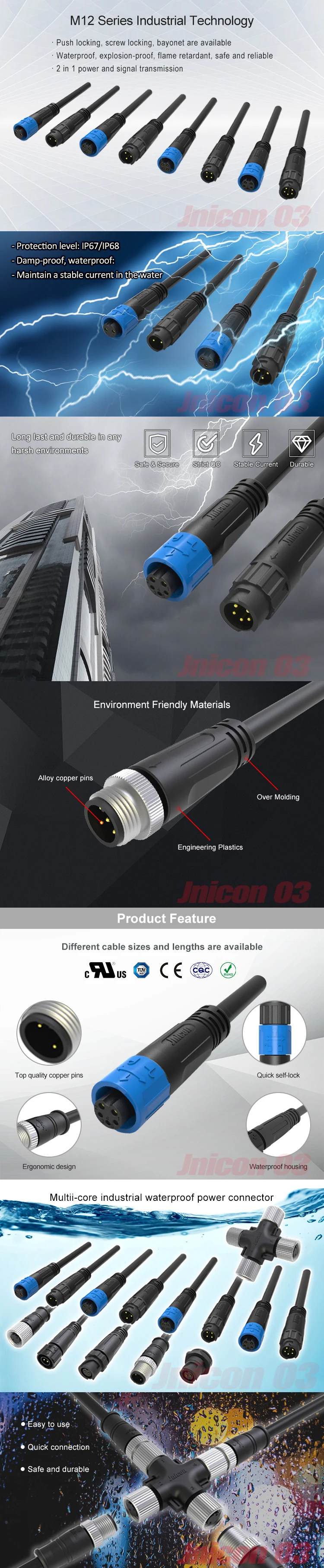 Jnicon M12 Push Pull Lock Connector 2pin 3pin 4pin 5pin Power ...
