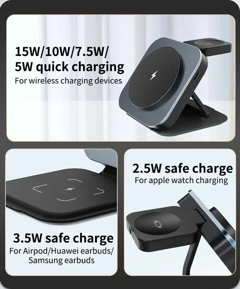 3 In 1 Wireless Charger 15w Fast Charging Folding Portable Magnetic ...