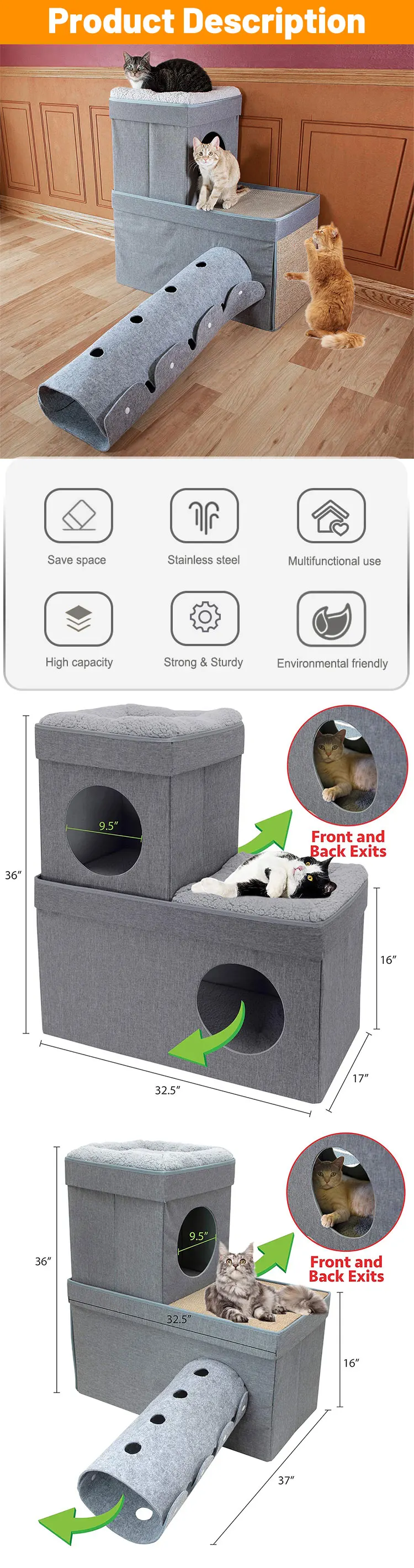 Large Stackable Grey Condo Cat Cube Cat House Pop up Bed Cat Ottoman ...