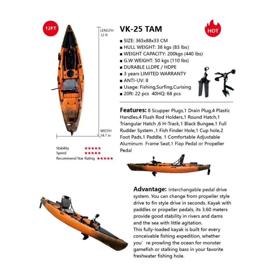Fishing Kayak 12ft - Enjoy Foot Pedal Drive & HDPE Build