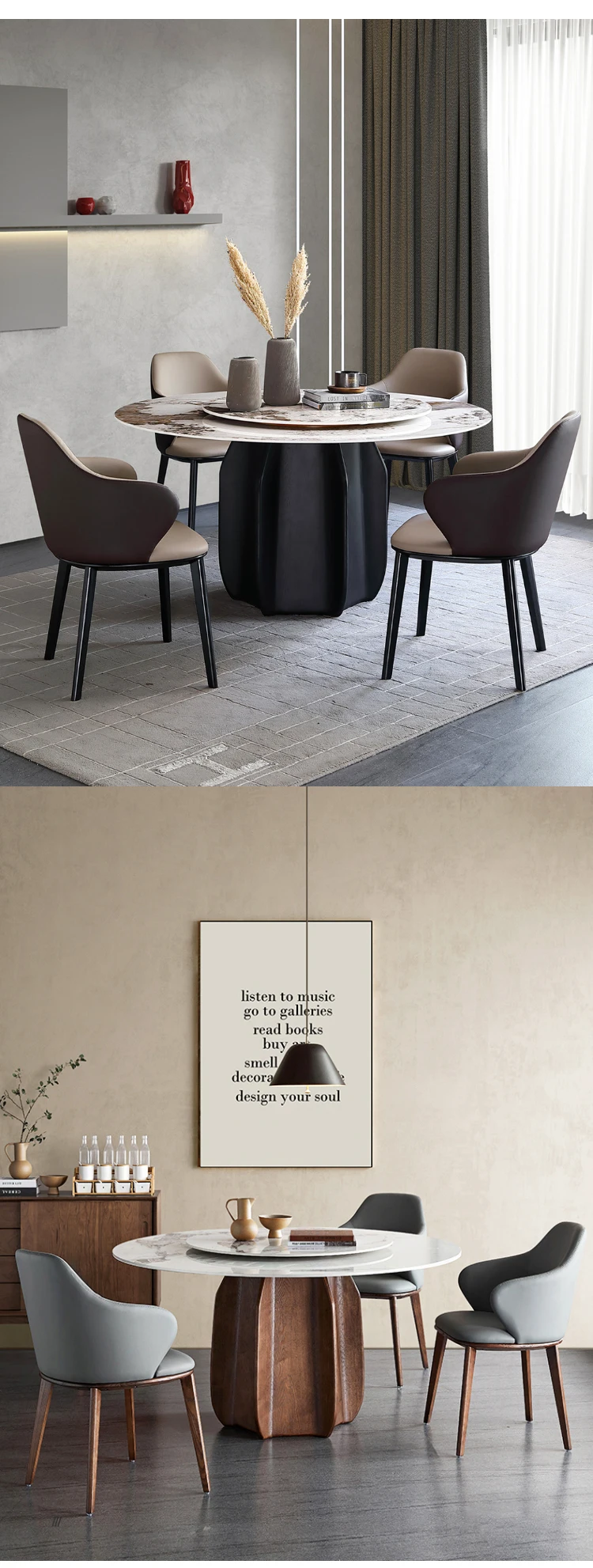 Italian Round Dining Table with Leather Chairs & Marble Top