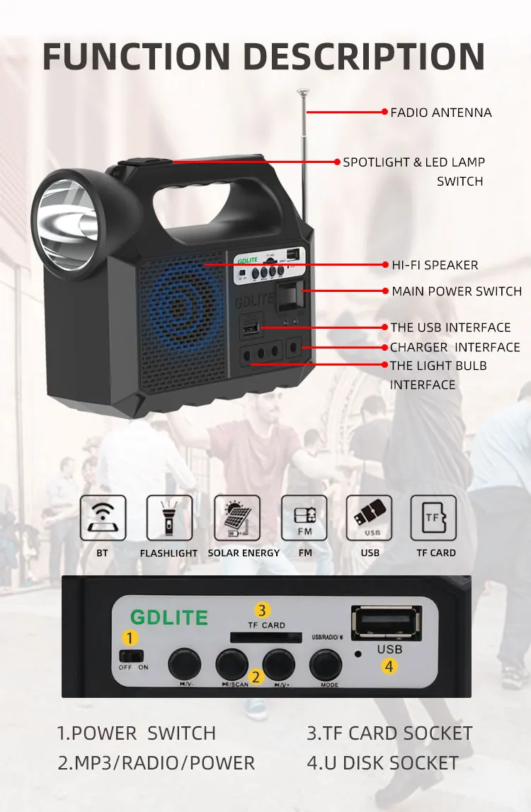 GDLITE 8017 Music Portable Solar Radio with Bluetooth Speaker