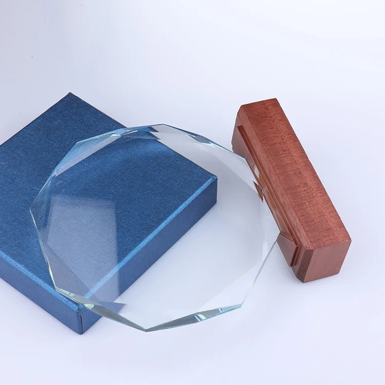 Blank Octagon Plaque Crystal Trophy Award with Wooden Base