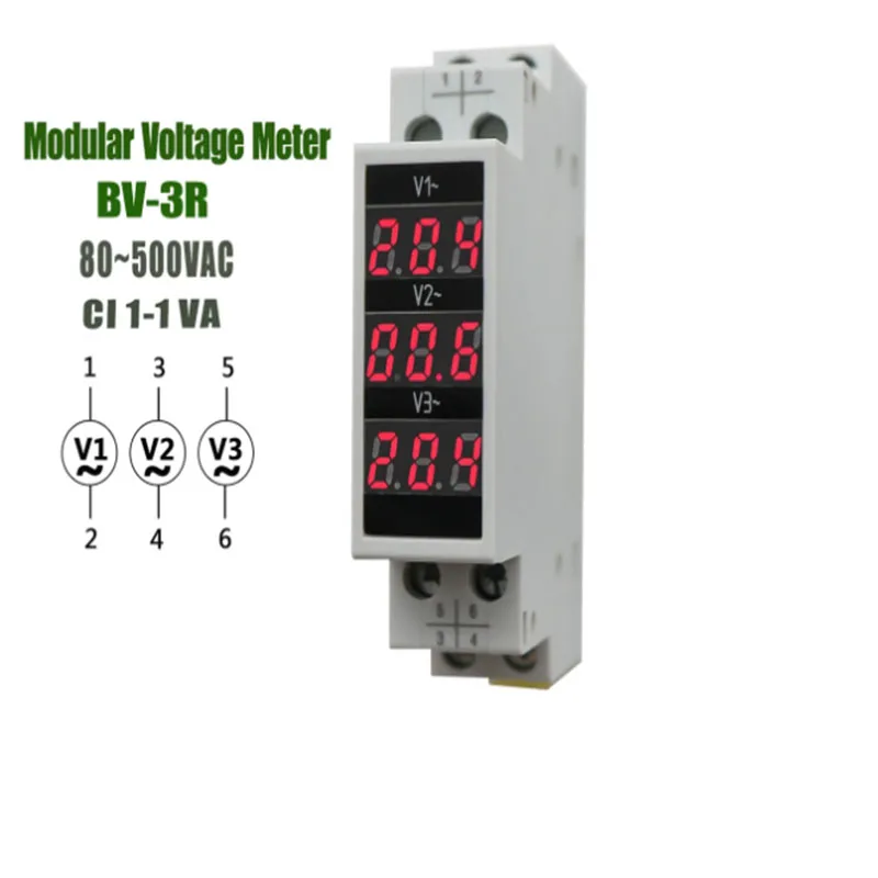 Din Rail Mount Three Phase Ac 80-500V Mini Modular Volt Meter
