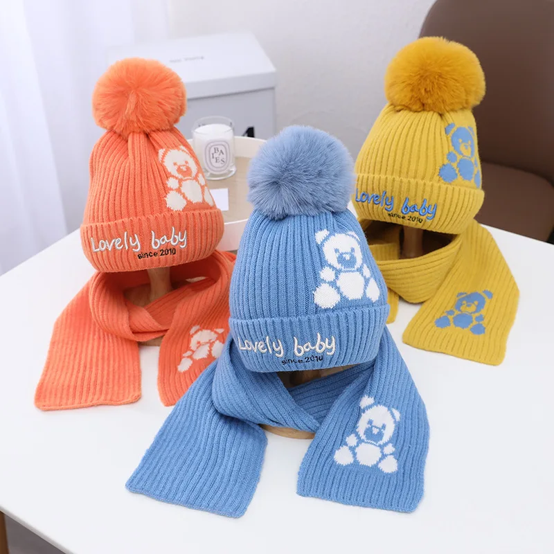 Fall Winter Warm Pompom Wool Kids Hat And Scarf Set Boy Girl Cute Bear ...