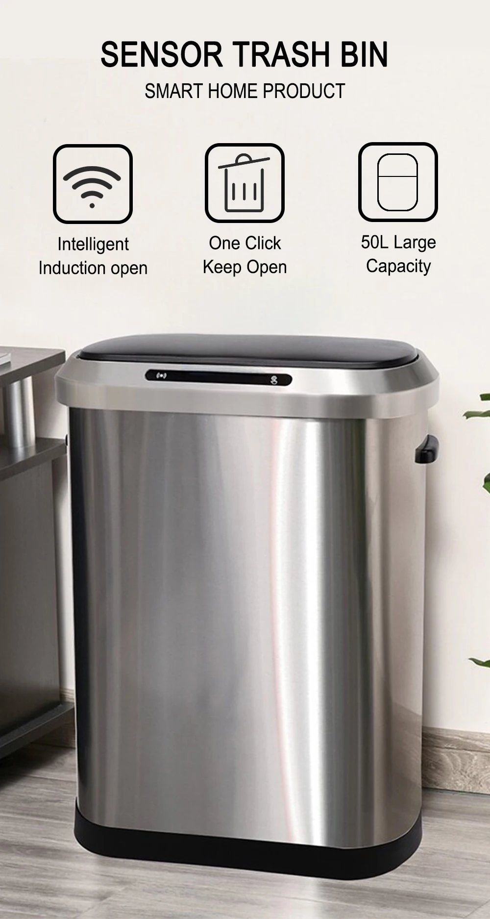 13 Gallon Stainless Steel Sensor Open Trash Can Smart Houseware for ...