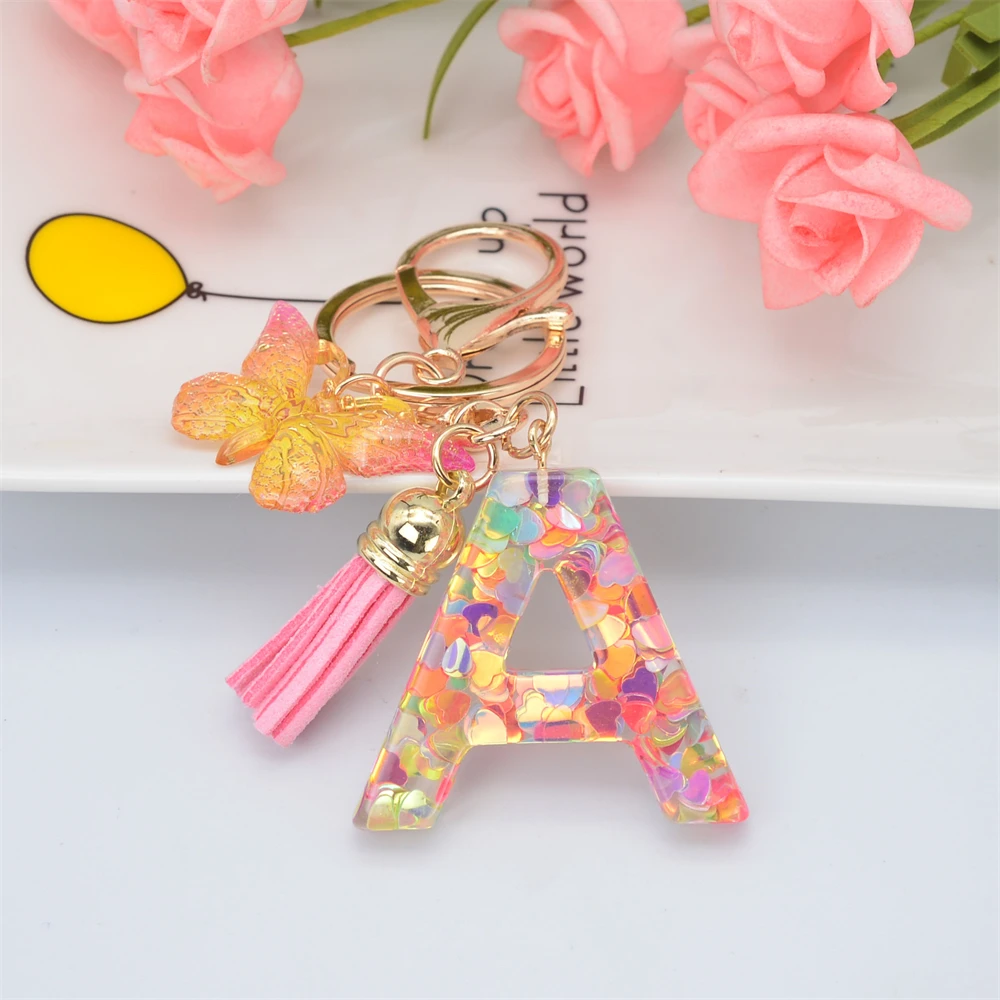 Acrylic Butterfly Letter Keychains English Alphabet Crystal Women Key ...