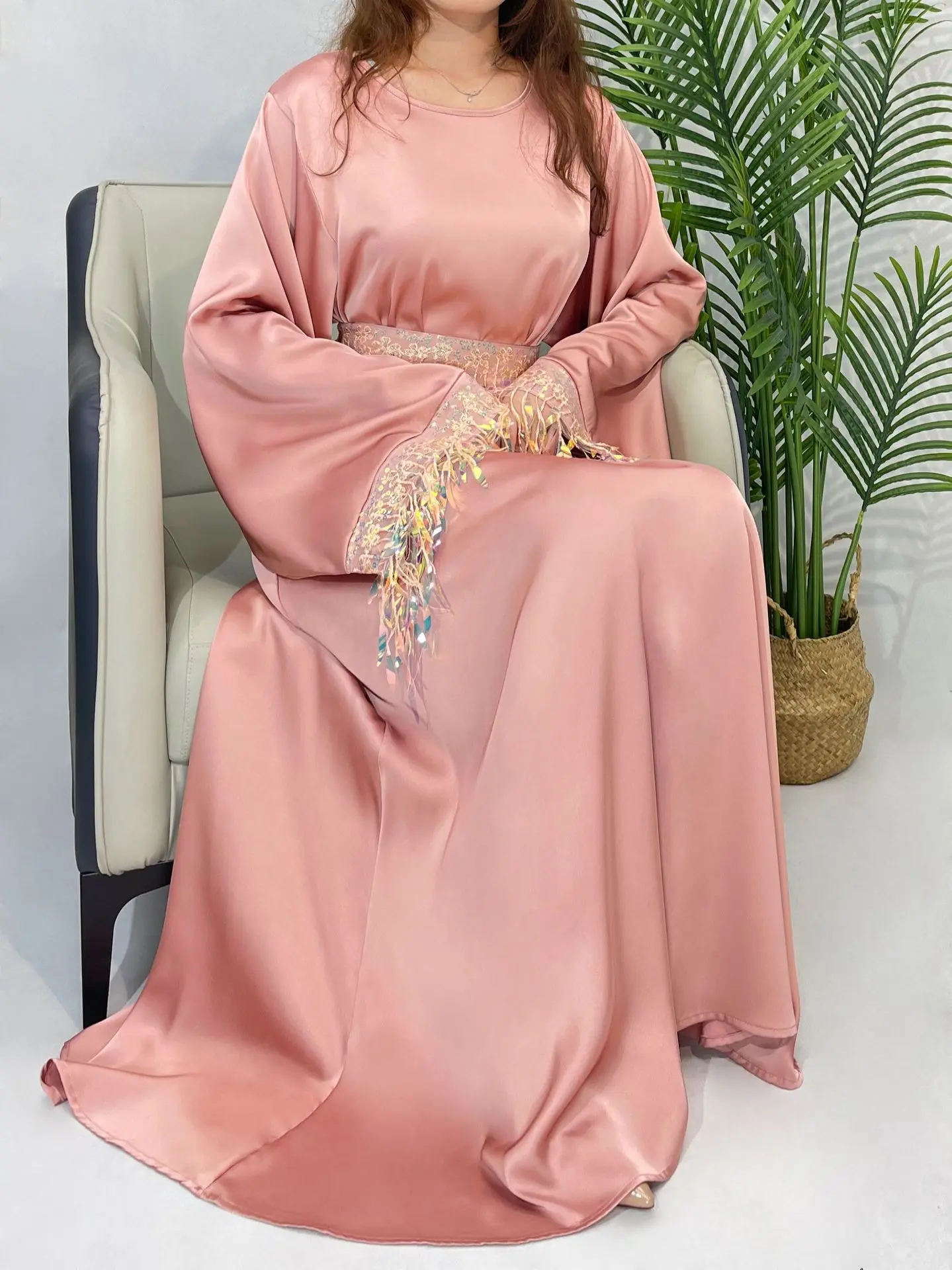 Bicomfort 2024 Modest Islamic Clothing Satin Evening Gown Hand Beading Plus Size Dubai Abaya ...
