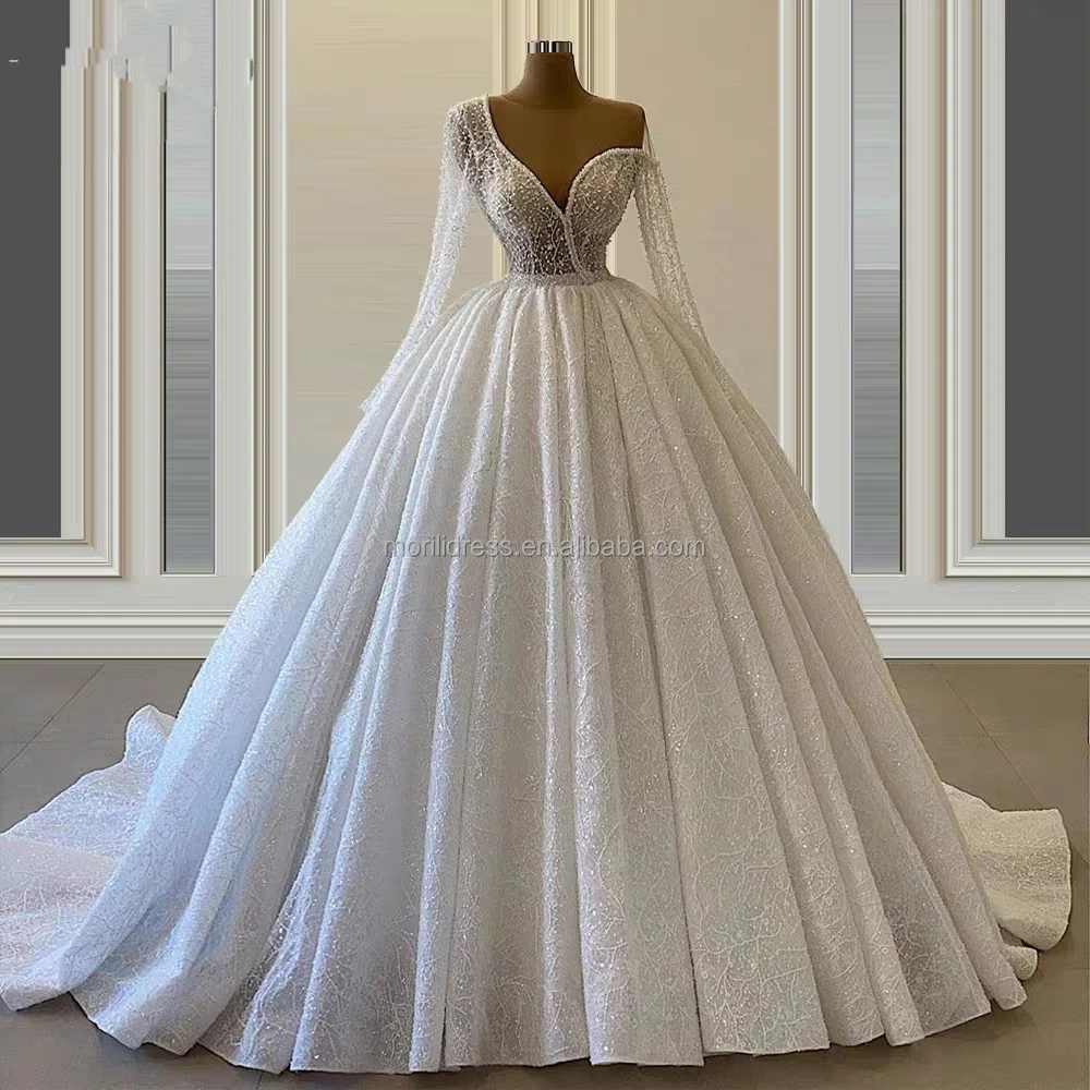 Princess White Puffy Ball Gown Wedding Dresses Bridal Gowns Long Sleeve ...