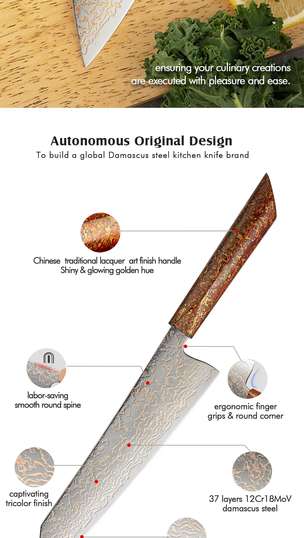 Amber Tri-color Copper Vg10 Core Damascus Steel Japanese Kiritsuke ...