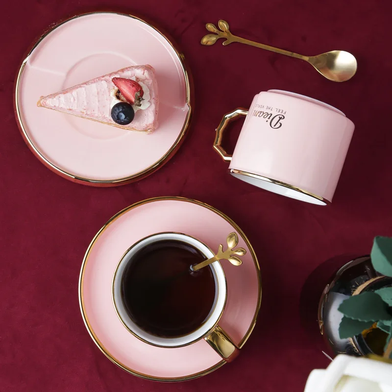 Modern Tea Cups and Saucers Set - Pink Ceramic Coffee Cup