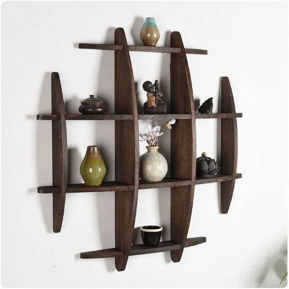 Modern Minimalist Style Solid Wood Chinese Wall Mounted Tea Set Display ...