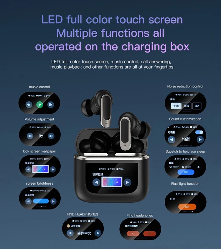 High Quality V8 Tws Earphones Lcd Full Color Touch Screen Anc Earbuds ...