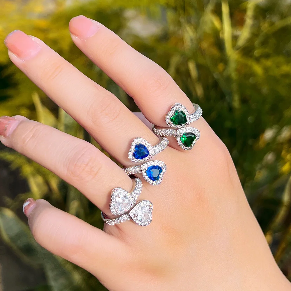 Bling Royal Blue CZ Double Love Heart Staple Rings for Women