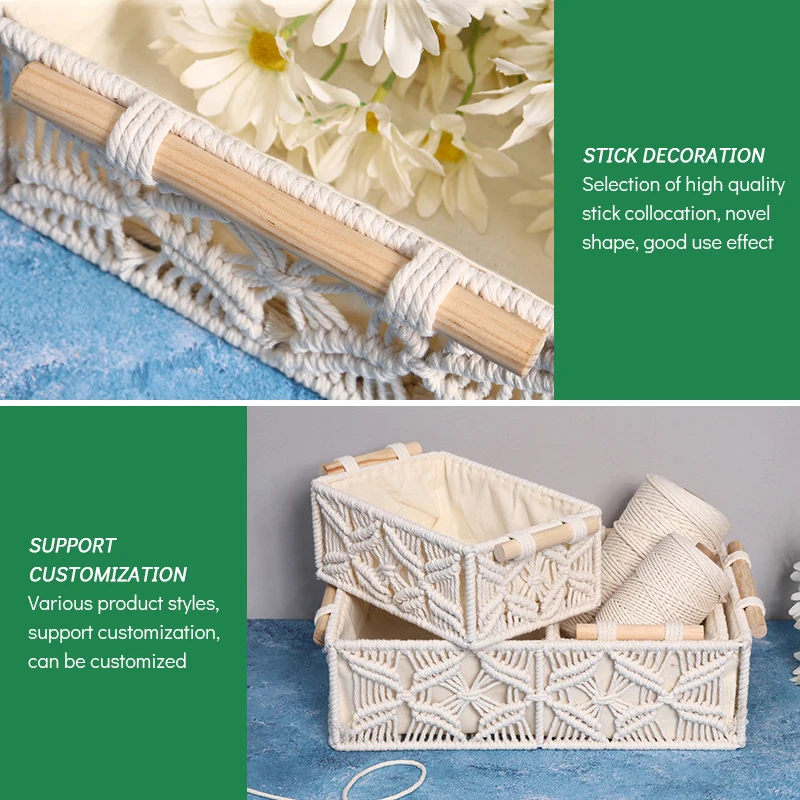 Handmade Woven Decor Macrame Storage Baskets Box Organizer With Wood ...