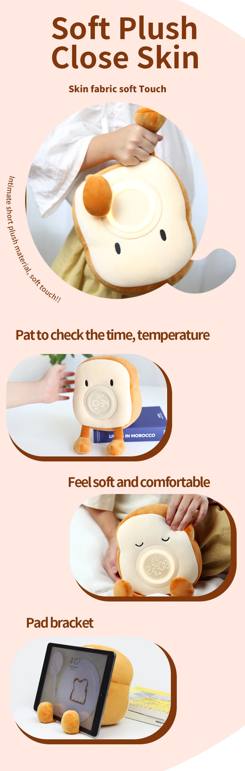 Original Toast Plush Alarm Clock Lamp Cartoon Multi-function Student ...