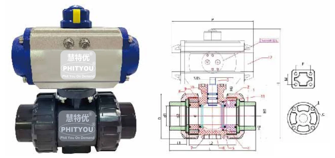 Industrial with Bracket (UPVC, CPVC, PPH) Pneumatic True Unions Ball Valve