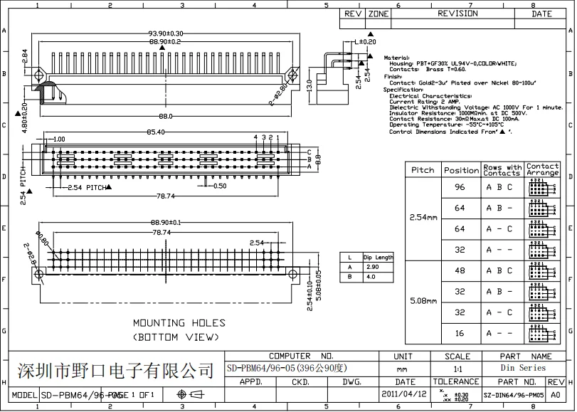 Din 41612 Backplane Connector 3 Rows 96 Position Male Pin Through Hole ...