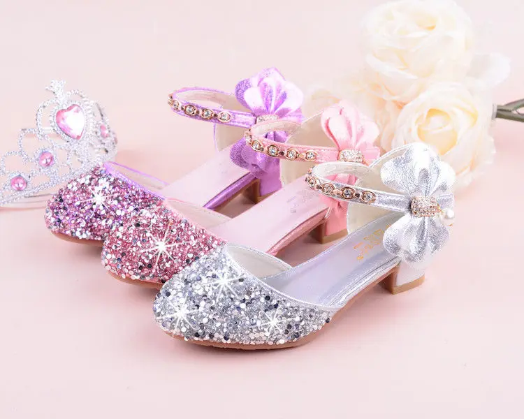 Classic Bow Sequins Pu Leather Shoes For Girls High Heels Party Dance ...