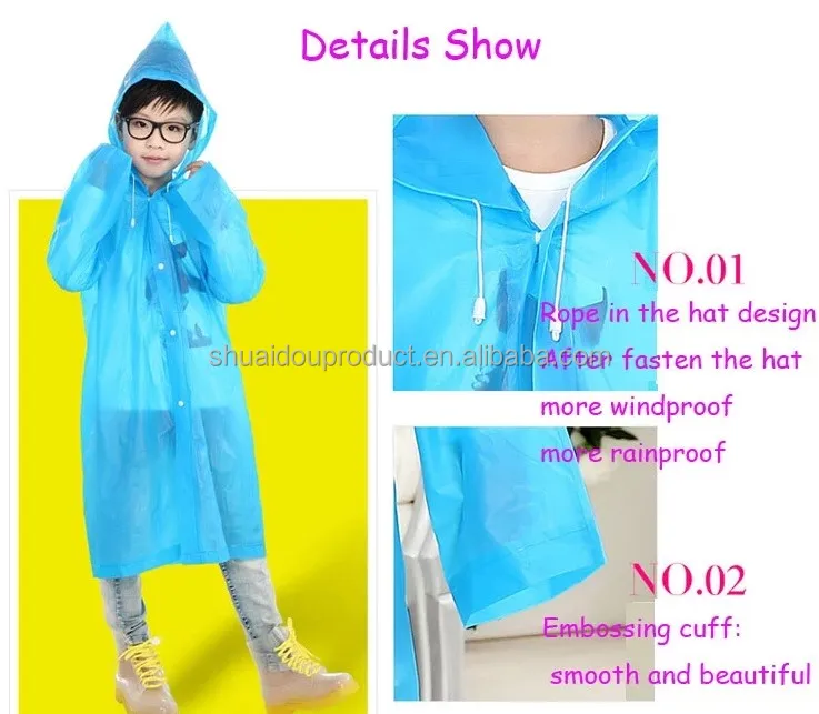 Reusable Eva Children Raincoat With Hood Plat Cuff Peva Kids Waterproof ...