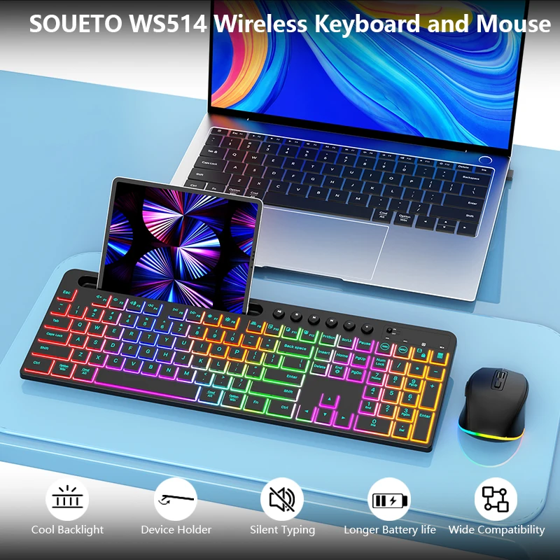 COUSO Wireless Keyboard Mouse Combo - 114 Keys, RGB, Waterproof