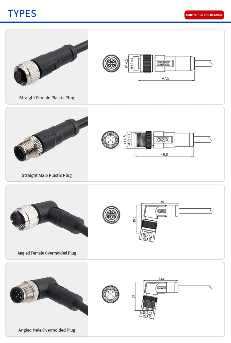 M12 Male Female Straight Angled Overmolded Connector A-code 8pin With 1 ...
