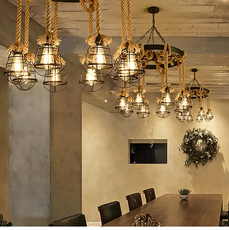 Hemp Rope Pendant Light Fixture E26 E27 Single Two Heads Retro Hanging ...