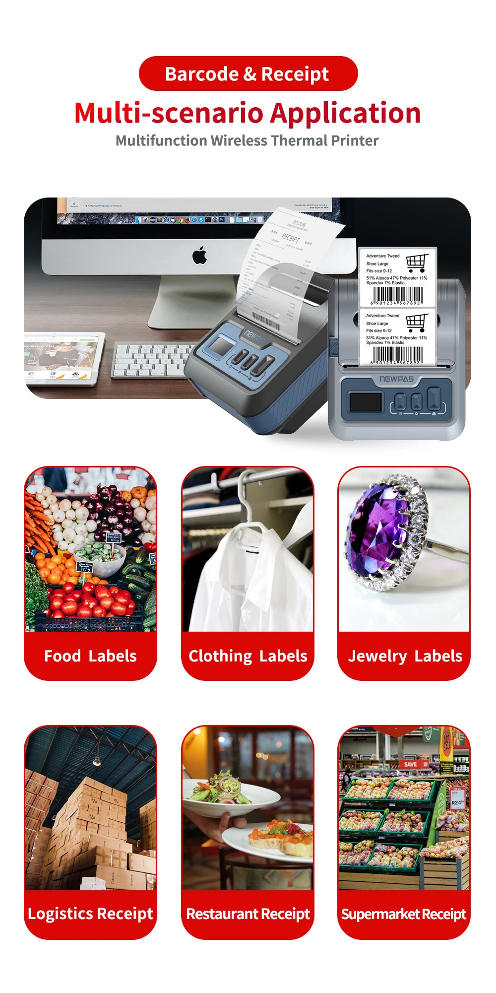 80mm Thermal Label Printer 3 Inch Barcode Sticker Printer Bluetooth ...