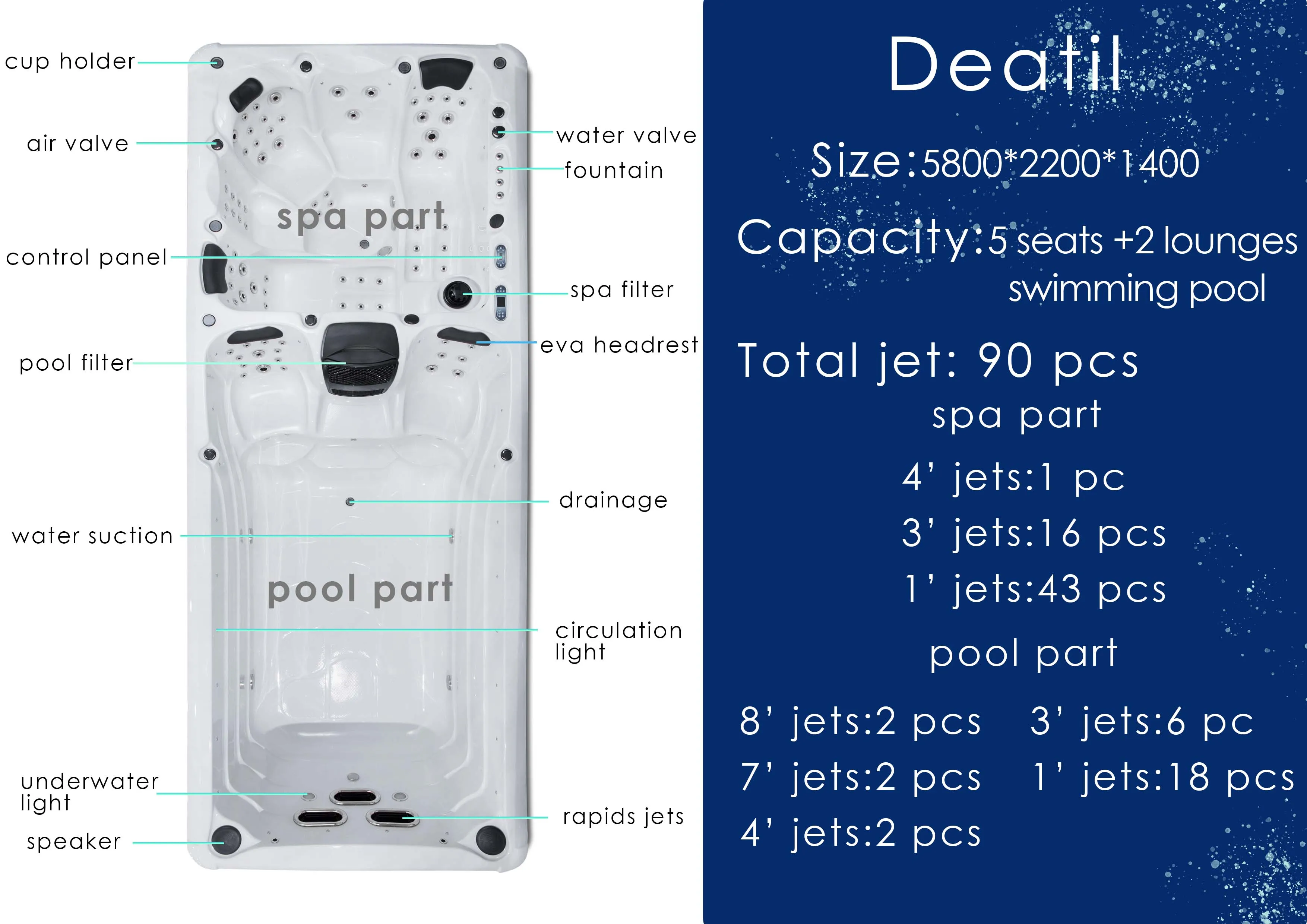 6 Meters Dual Zone Exercise Swim Spa Pool Massage Acrylic