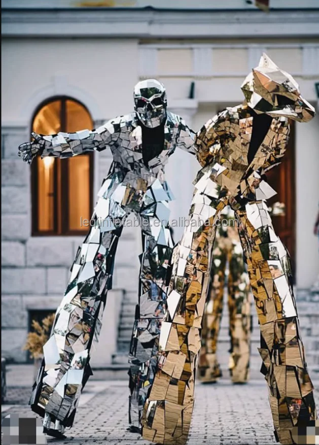 Carnival Parade Performance - Silver Golden Mirror Man Stilt Costumes ...
