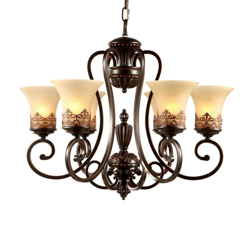 Antique Black Wrought Iron Chandelier - Rustic Bronze Glass