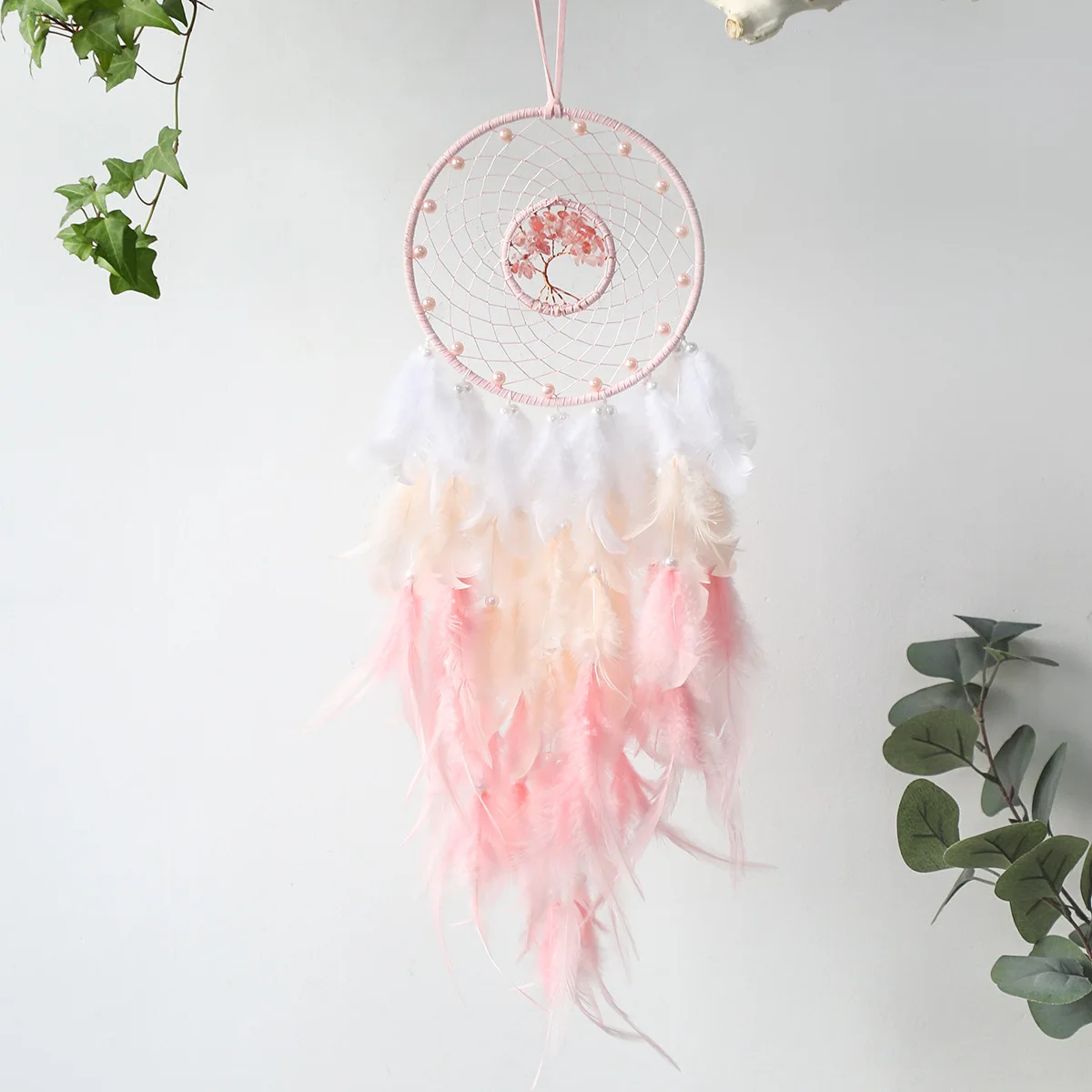 Luminescence Tree of Life Wind Chimes Pink Feather Dream Catcher ...